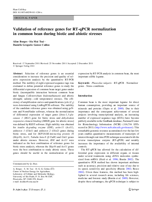 (PDF) Validation of reference genes for RT-qPCR normalization in common bean during biotic and ...