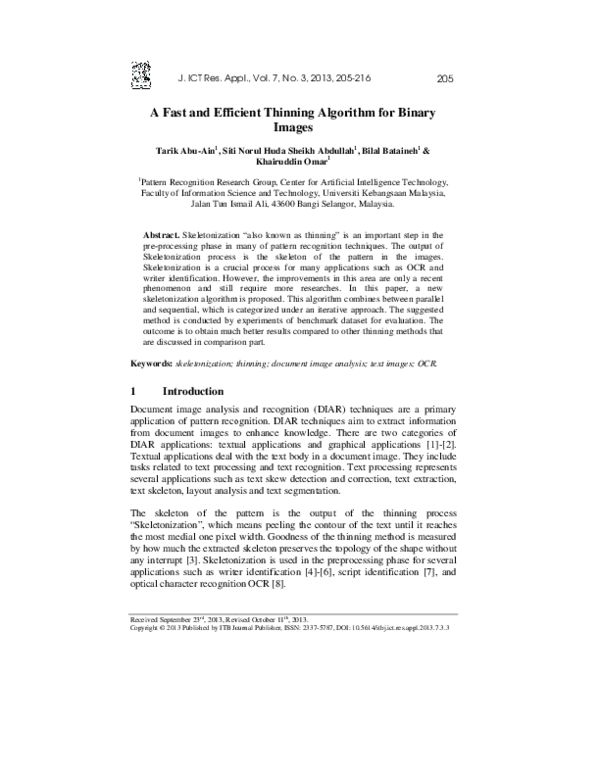 Pdf A Fast And Efficient Thinning Algorithm For Binary Images Bilal Al Bataineh