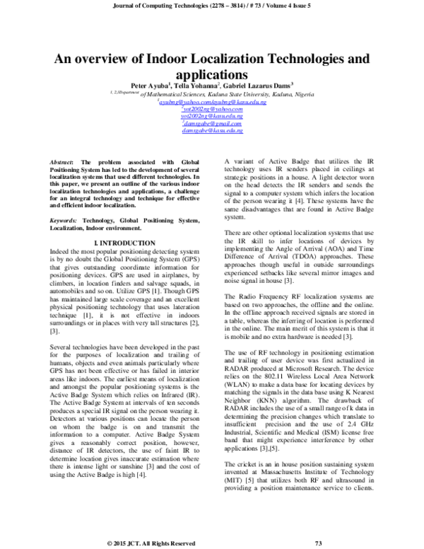 (PDF) An overview of Indoor Localization Technologies and applications