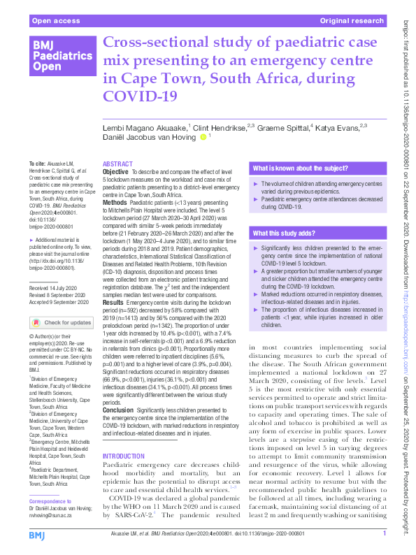 (PDF) Cross-sectional study of paediatric case mix presenting to an emergency centre in Cape ...