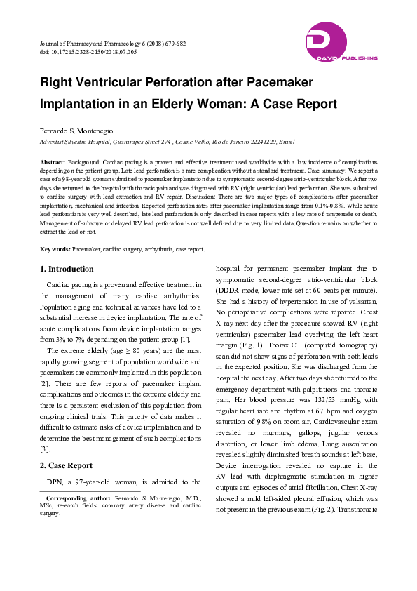 (PDF) Right Ventricular Perforation after Pacemaker Implantation in an ...