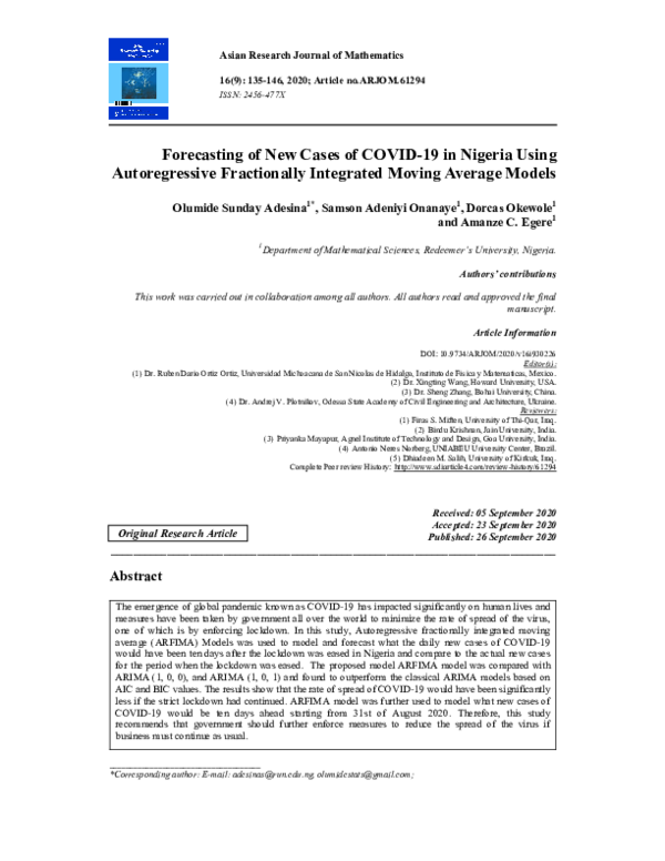 (PDF) Forecasting of New Cases of COVID-19 in Nigeria Using Autoregressive Fractionally ...