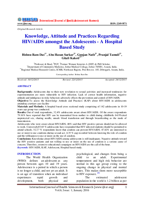 (PDF) Knowledge, Attitude and Practices Regarding HIV/AIDS amongst the ...