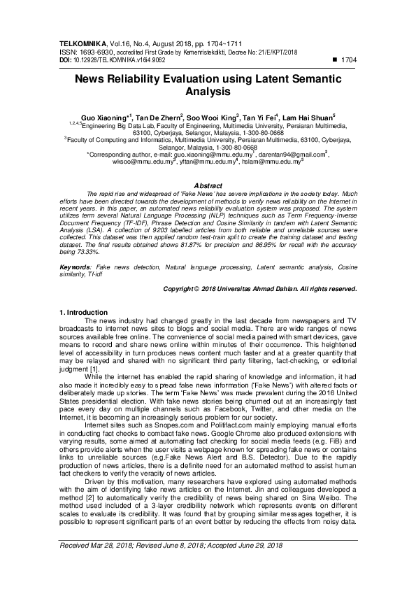 Pdf News Reliability Evaluation Using Latent Semantic Analysis