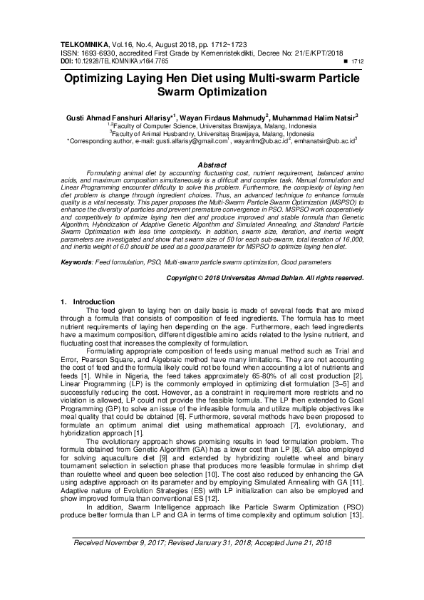 (PDF) Optimizing Laying Hen Diet with Multi-Swarm PSO Techniques