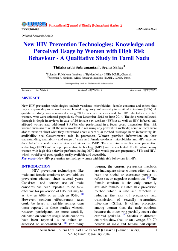 (PDF) New HIV Prevention Technologies: Knowledge and Perceived Usage by ...