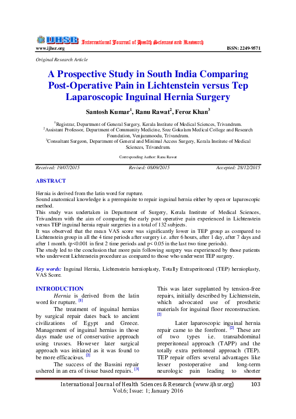(PDF) A Prospective Study in South India Comparing Post-Operative Pain in Lichtenstein versus ...