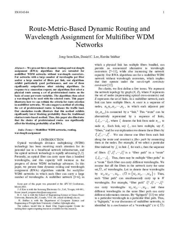 (PDF) Dynamic Routing and Wavelength Assignment in Multifiber WDM