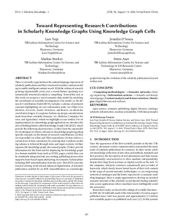 (PDF) Toward Representing Research Contributions in Scholarly Knowledge Graphs Using Knowledge ...
