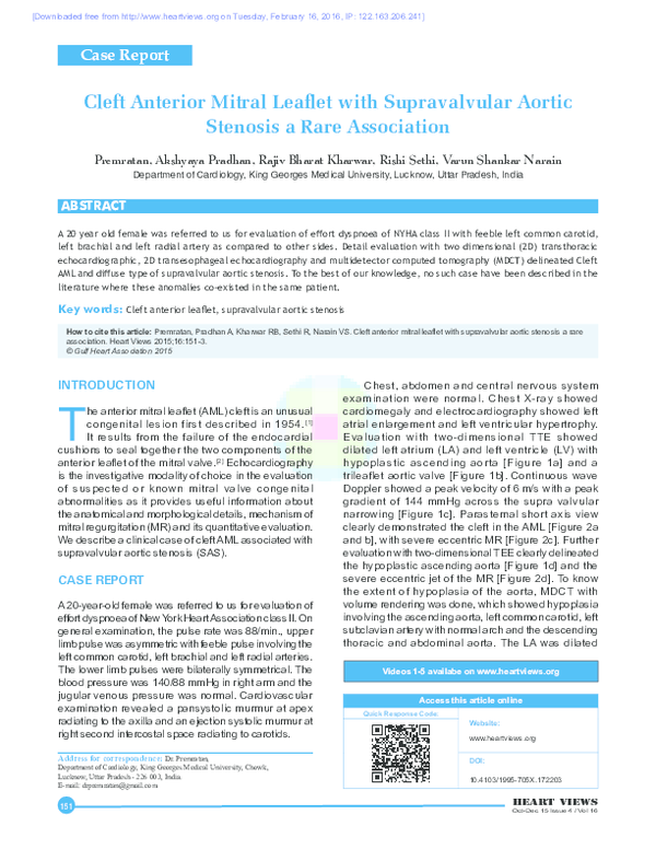 (PDF) Cleft Anterior Mitral Leaflet with Supravalvular Aortic Stenosis ...