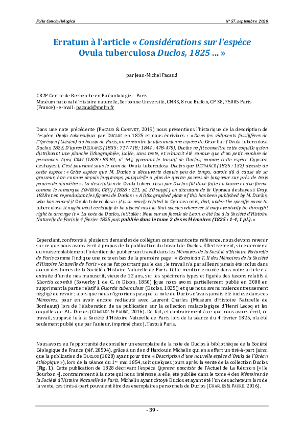(PDF) Erratum à la note « Considérations sur l’espèce Ovula tuberculosa ...