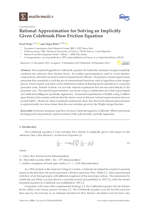 Pdf Rational Approximation For Solving An Implicitly Given Colebrook Flow Friction Equation