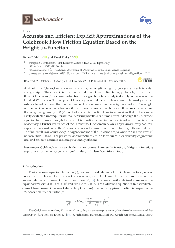 (PDF) Accurate and Efficient Explicit Approximations of the Colebrook Flow Friction Equation ...