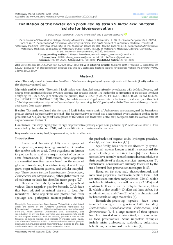 (PDF) Evaluation of the bacteriocin produced by strain 9 lactic acid bacteria isolate for ...