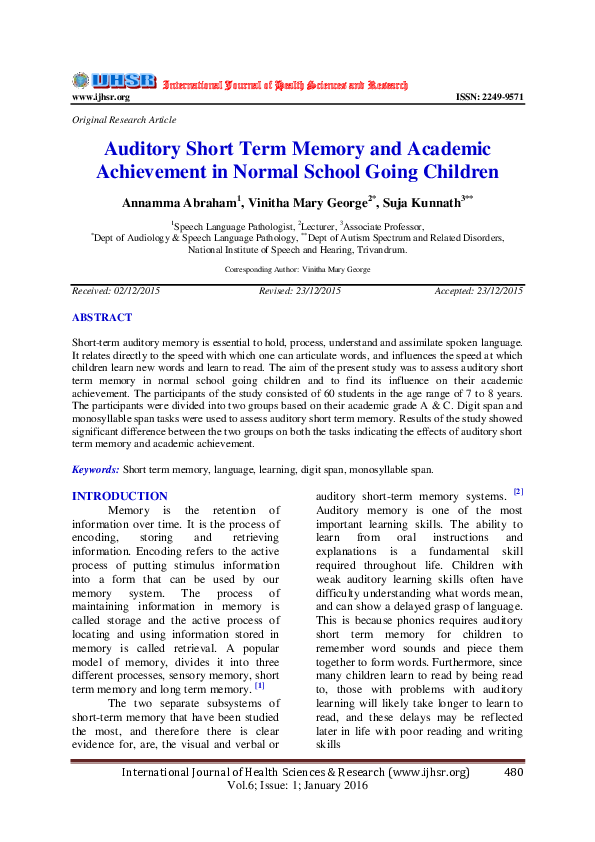 (PDF) Auditory Short Term Memory and Academic Achievement in Normal ...