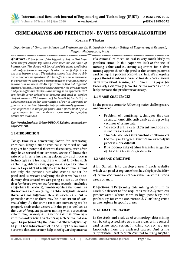Pdf Irjet Crime Analysis And Prediction By Using Dbscan Algorithm