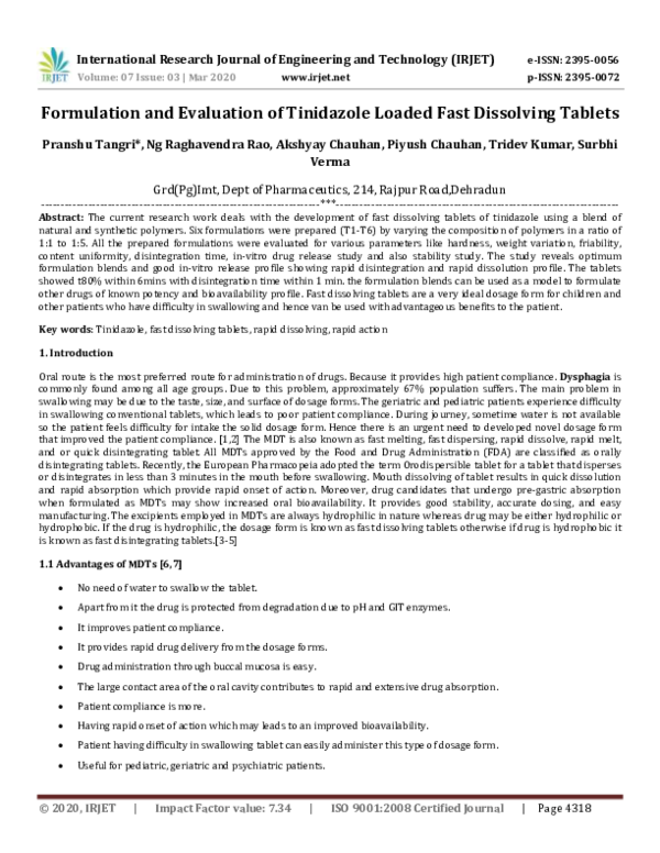 Pdf Irjet Formulation And Evaluation Of Tinidazole Loaded Fast Dissolving Tablets