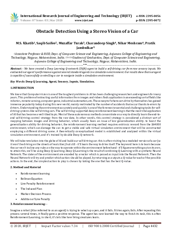 Pdf Obstacle Detection Using A Stereo Vision Of A Car