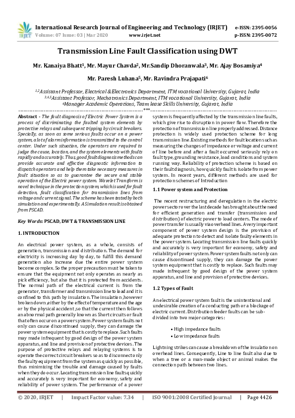 Pdf Transmission Line Fault Classification Using Dwt Irjet Journal