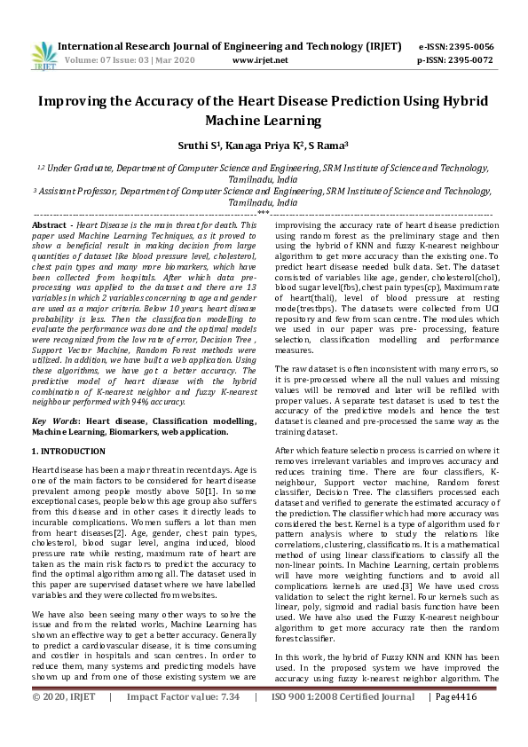 Pdf Improving The Accuracy Of The Heart Disease Prediction Using Hybrid Machine Learning