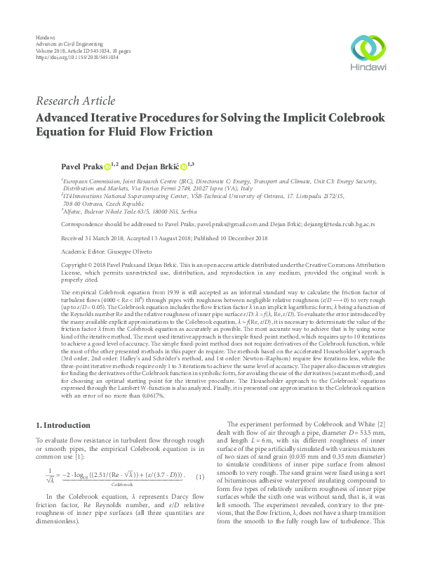 Pdf Advanced Iterative Procedures For Solving The Implicit Colebrook