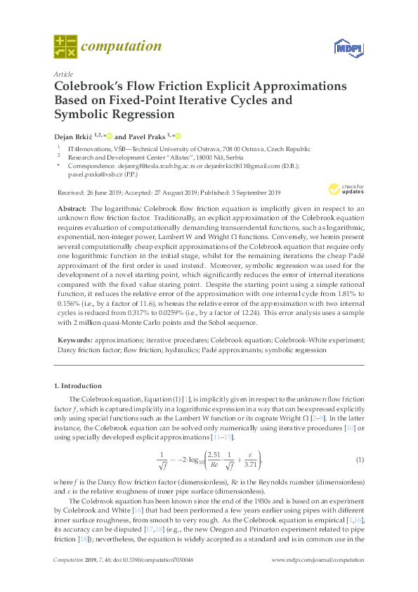 Pdf Colebrooks Flow Friction Explicit Approximations Based On Fixed Point Iterative Cycles