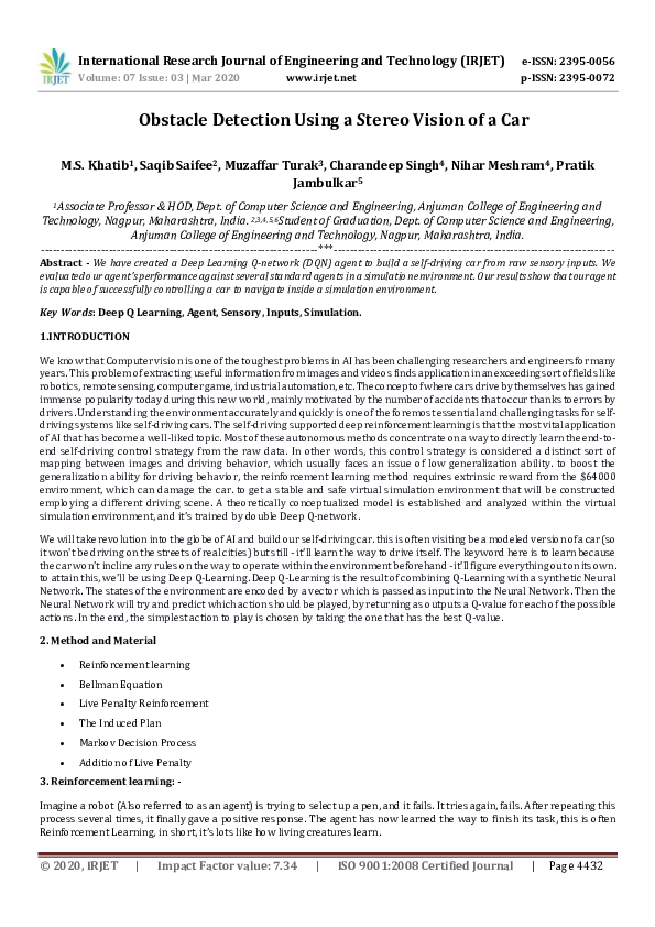 (PDF) IRJET- Obstacle Detection Using a Stereo Vision of a Car
