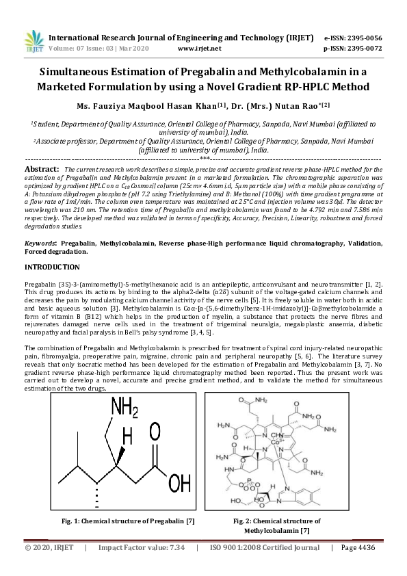 (PDF) IRJET - Simultaneous Estimation of Pregabalin and Methylcobalamin in a Marketed ...