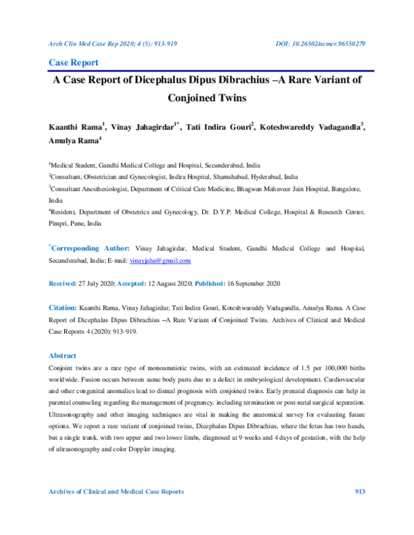 (PDF) A Case Report of Dicephalus Dipus Dibrachius -A Rare Variant of ...