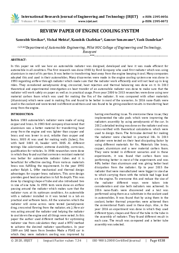 (PDF) IRJET- REVIEW PAPER OF ENGINE COOLING SYSTEM (PDF) IRJET- REVIEW PAPER OF ENGINE COOLING SYSTEM