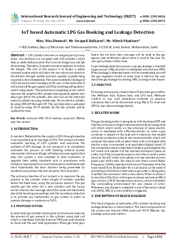 (PDF) IRJET- IoT based Automatic LPG Gas Booking and Leakage Detection