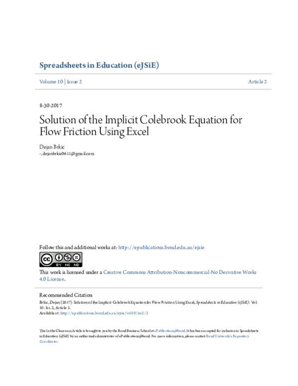 (PDF) Solution of the Implicit Colebrook Equation for Flow Friction ...