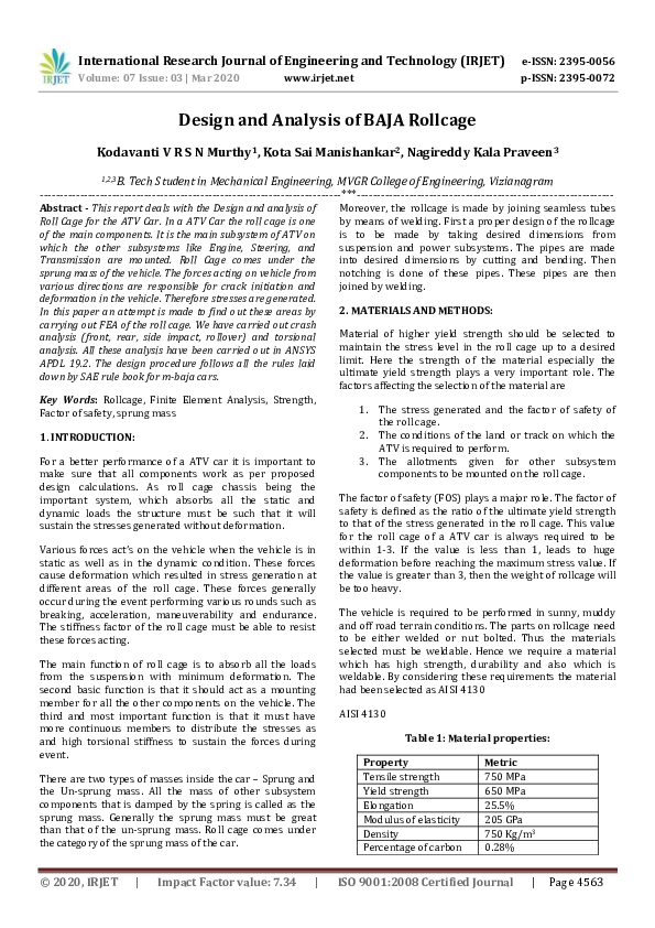 (PDF) IRJET- Design and Analysis of BAJA Rollcage