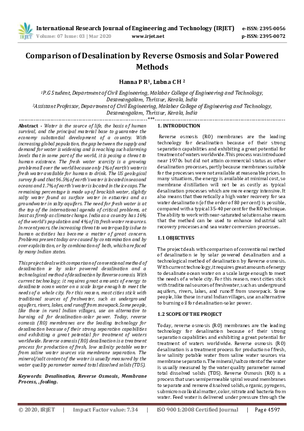 (PDF) IRJET- Comparison of Desalination by Reverse Osmosis and Solar ...