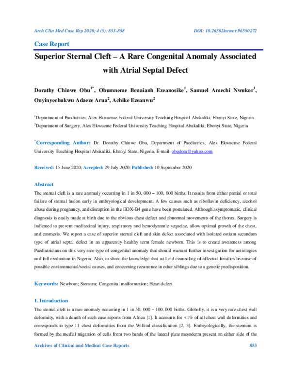 (PDF) Superior Sternal Cleft – A Rare Congenital Anomaly Associated ...