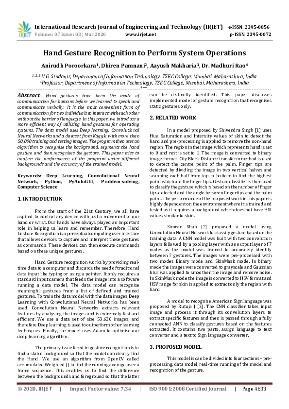 (PDF) IRJET- Hand Gesture Recognition to Perform System Operations
