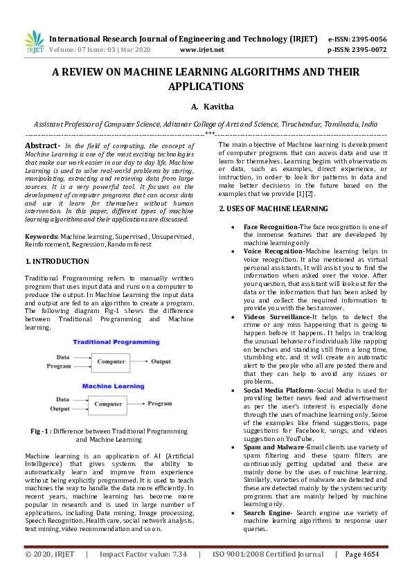 (PDF) IRJET- A REVIEW ON MACHINE LEARNING ALGORITHMS AND THEIR APPLICATIONS