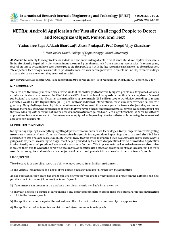 (PDF) IRJET- NETRA: Android Application for Visually Challenged People ...