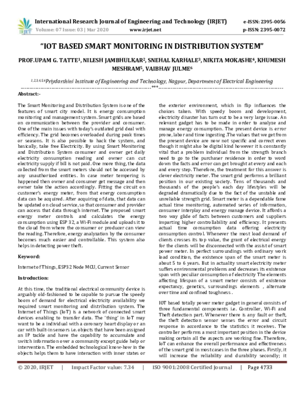 Pdf Irjet Iot Based Smart Monitoring In Distribution System