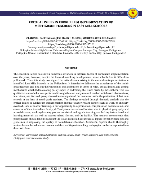 (PDF) CRITICAL ISSUES IN CURRICULUM IMPLEMENTATION OF MULTIGRADE ...