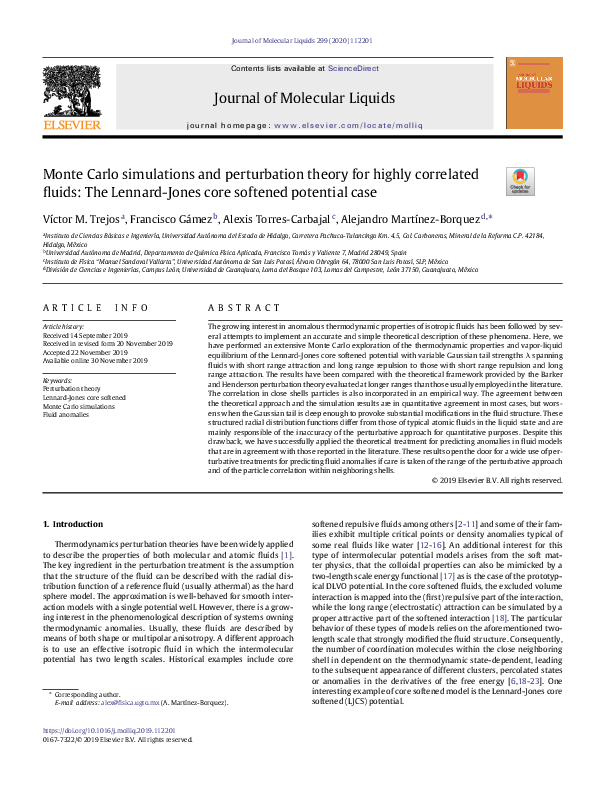 (PDF) Monte Carlo simulations and perturbation theory for highly correlated ﬂuids: The Lennard ...