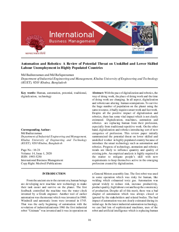 (PDF) Automation and Robotics: A Review of Potential Threat on ...