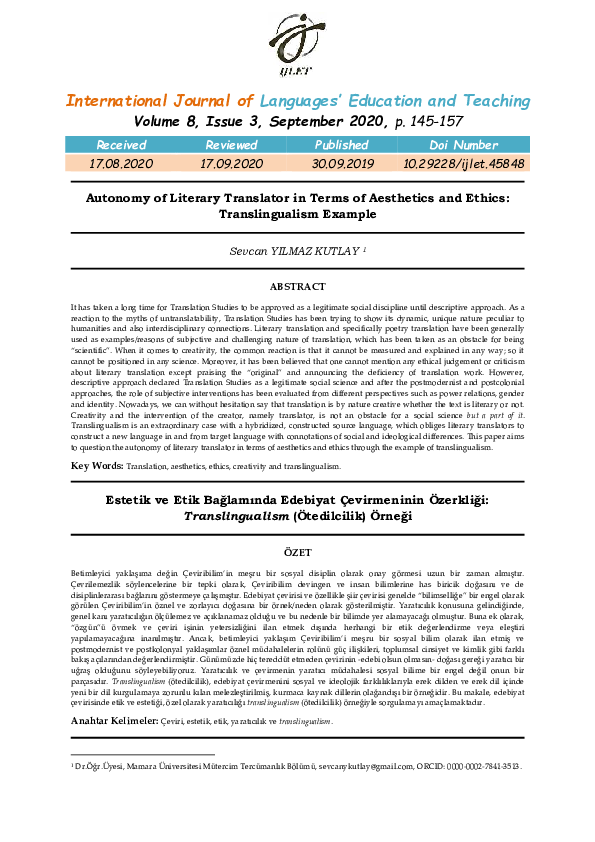 (PDF) Autonomy of Literary Translator in Terms of Aesthetics and Ethics ...