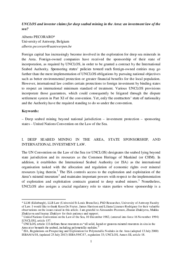 (PDF) UNCLOS and investor claims for deep seabed mining in the Area: an ...
