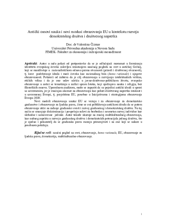 (PDF) Antički osnovi nauke i novi modusi obrazovanja u EU_ Valentina Čizmar