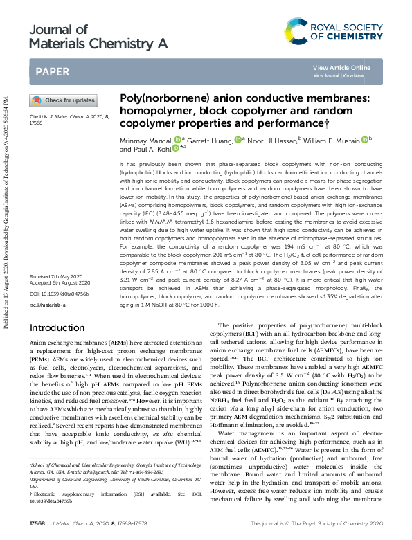 (PDF) Poly(norbornene) anion conductive membranes: homopolymer, block copolymer and random ...