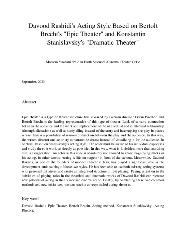 (PDF) Davood Rashidi's Acting Style Based on Bertolt Brecht's "Epic ...