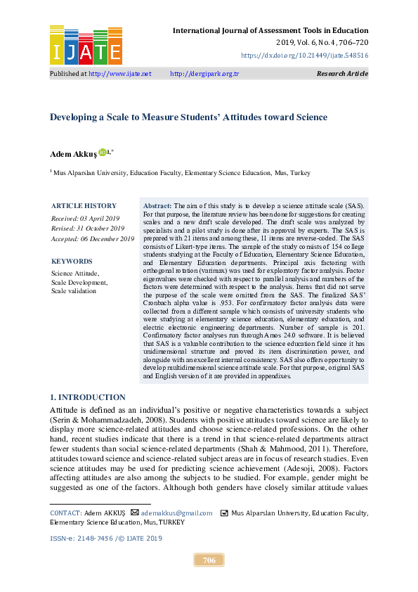 (PDF) Developing a Scale to Measure Students' Attitudes toward Science
