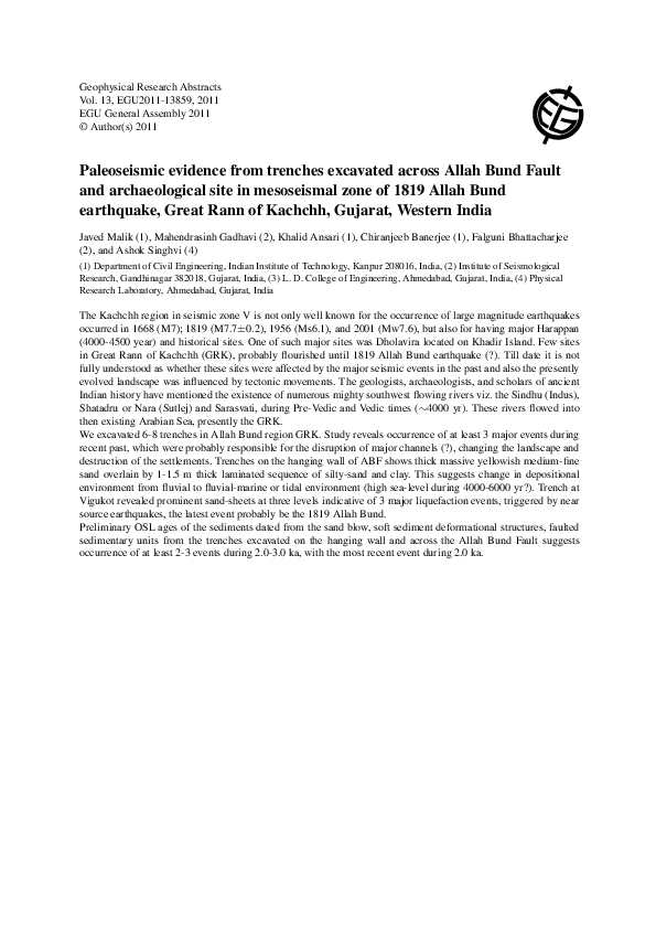 (PDF) Paleoseismic evidence from trenches excavated across Allah Bund Fault