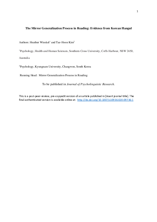 The Mirror Generalization Process in Reading: Evidence from Korean Hangul